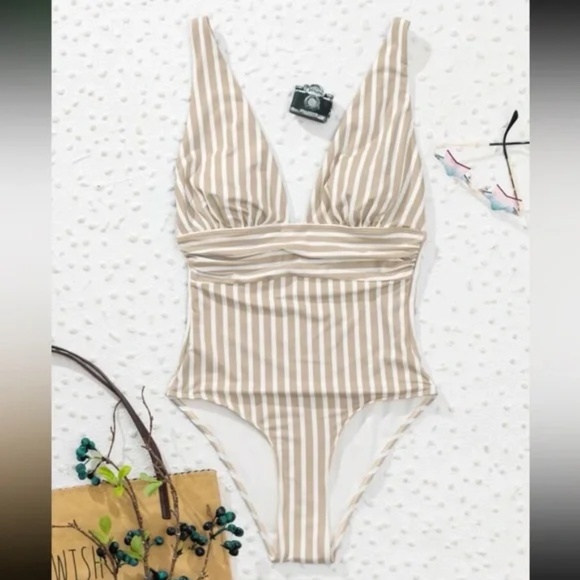 Swim | Striped High Waisted Plunging Neck One Piece Monokini Swimsuit | Poshmark